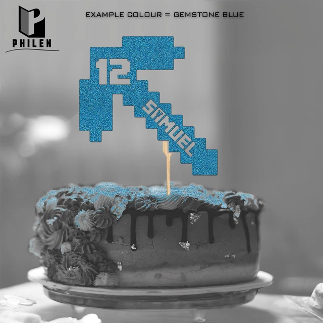 MINECRAFT PICKAXE NAME Age Birthday Glitter (Med Cake Topper 15cm 6 ...