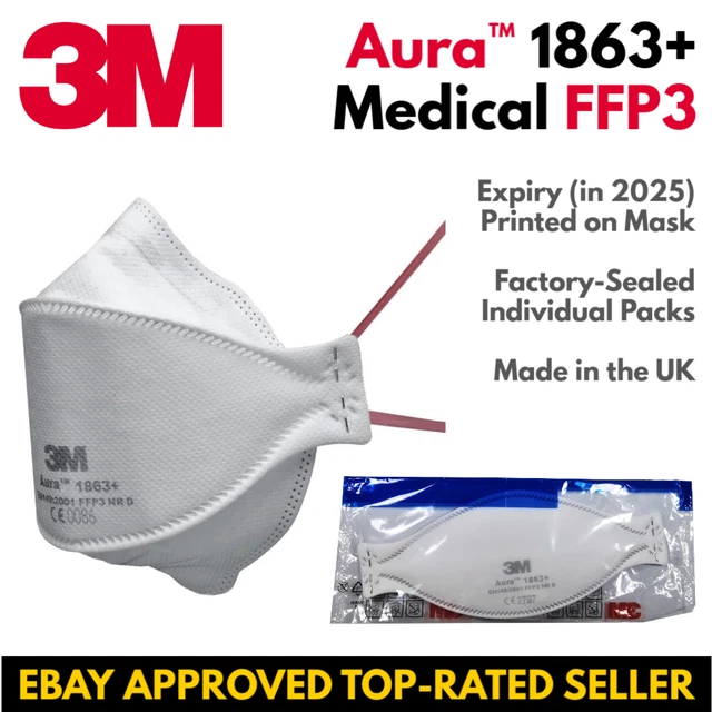 3M AURA 1863+ FFP3 Respirator N99 Medical Face Mask IIR Unvalved ...