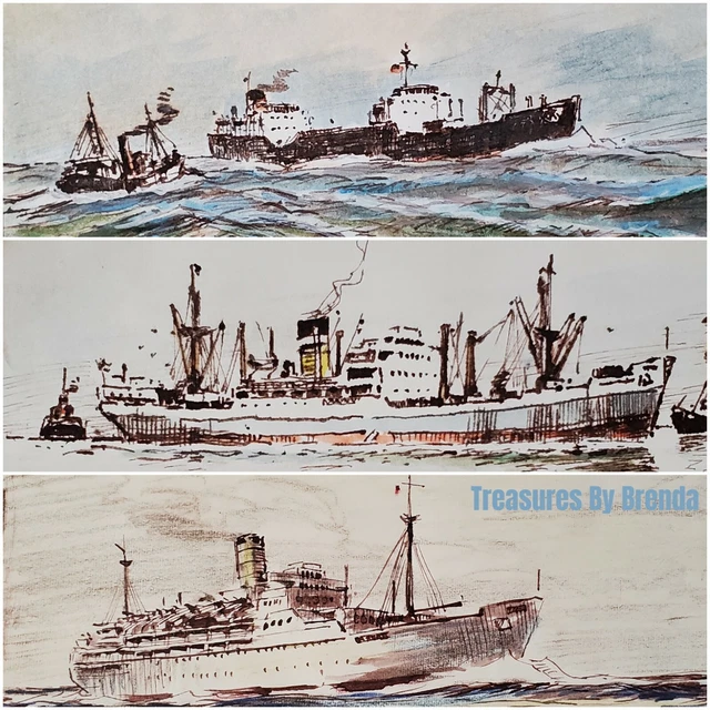MID 20TH CENTURY Pen and Ink Ship Drawings Pictures H.G. Moore Scenes ...