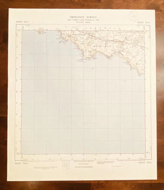 OS MAP SHEET SW52 Large Cornwall Prah Sands 1959 Vintage Ordnance ...