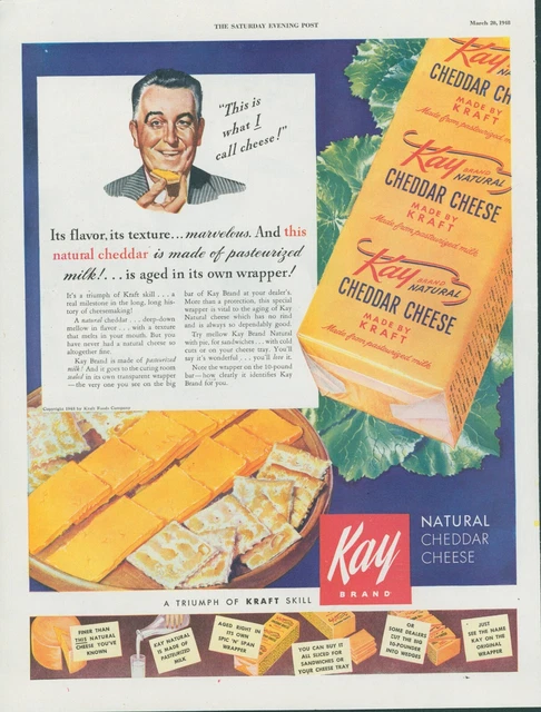 1948 KAY CHEDDAR Cheese Kraft Aged in Wrapper Crackers Vintage Print Ad ...