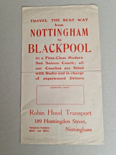 ROBIN HOOD TRANSPORT 1939 Nottingham Blackpool Coach Timetable Leaflet ...