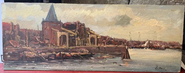 TABLEAU ANCIEN HUILE Paysage Marine Port de Pêche Bateau Signé Fin XIXe Siècle EUR 20,00 ...