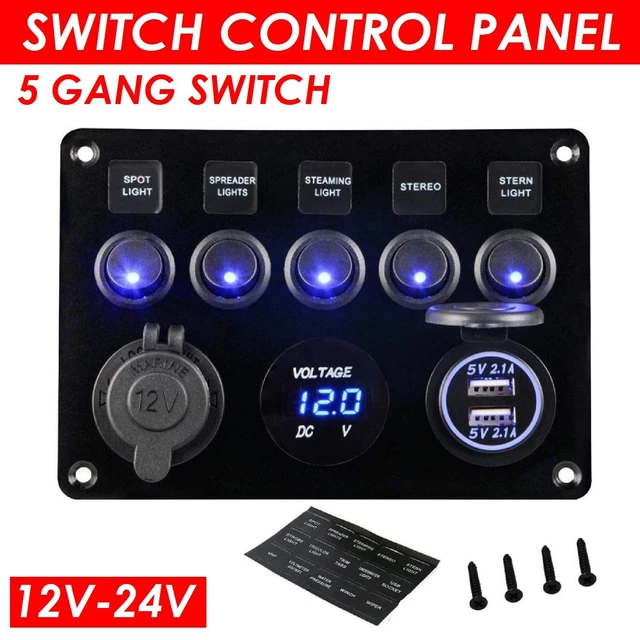 5 GANG 12V Switch Panel LED Light Rocker Switch Circuit Breaker For Car ...