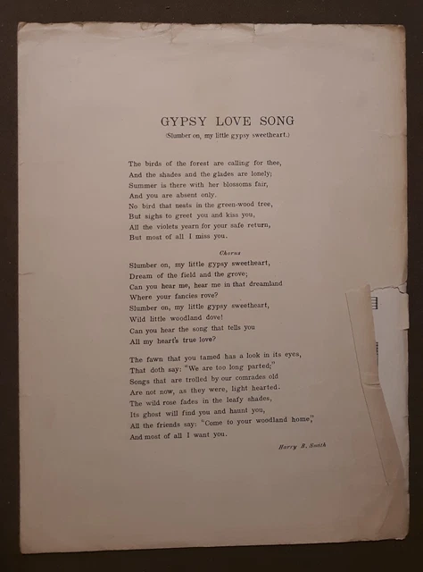 VINTAGE GYPSY LOVE Song Piano Sheet Music by Harry B. Smith-1898 (See ...