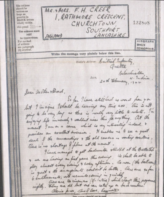 WW2 AIRGRAPH INDIA- Southport Lieut 10th Btn Lanc's Fusiliers 20th Feb ...