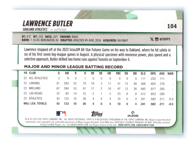 2024 TOPPS BIG League Baseball #104 Lawrence Butler Rookie RC Oakland ...