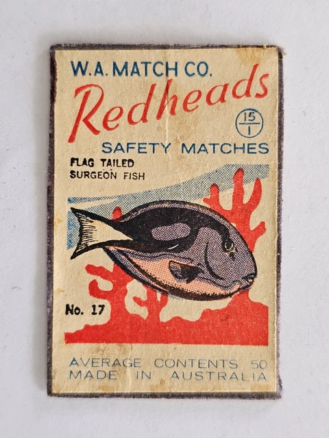 W.A. MATCH CO. Redheads Matchbox Label #17 Flag Tailed Surgeon Fish ...