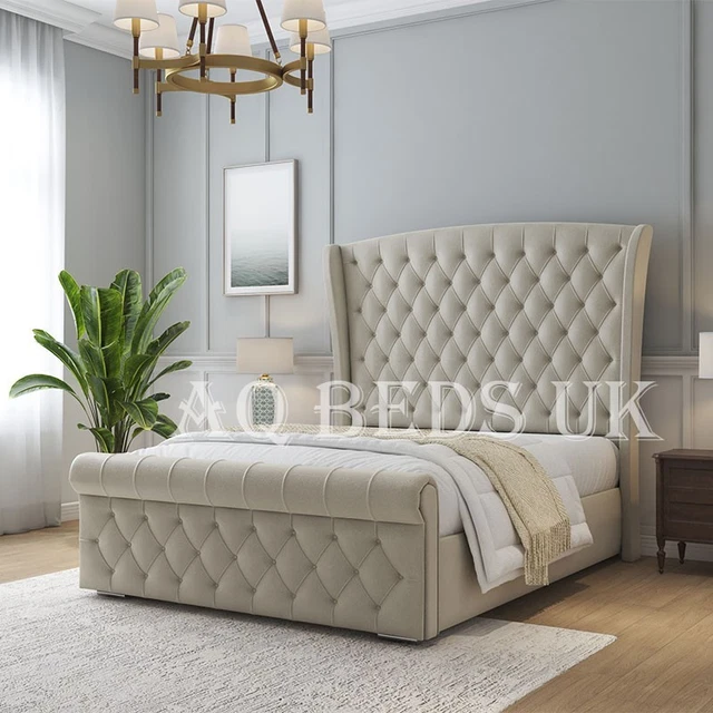 NEW WINGED BED Frame Velvet Gas Lift Storage 54" Headboard& 20" Sleigh ...