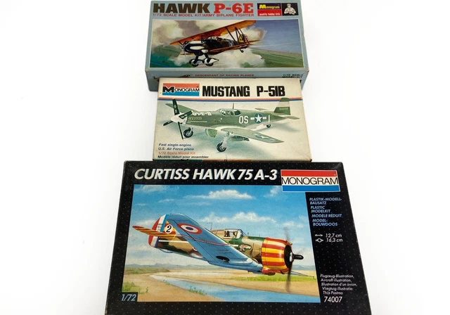 VINTAGE MONOGRAM 1/72 model kit lot Hawk P-6E Mustang P-51B, Curtiss ...