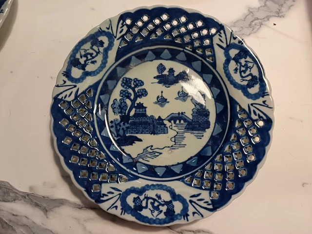 CHINESE STYLE IRONSTONE Stamped Blue & White Pierced-Rim Plate Lattice ...