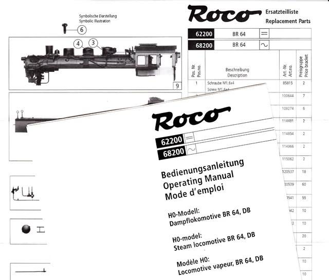 H0 ROCO LOKOMOTIVEN, Bedienungsanleitung u Ersatzteilliste BR64, Art ...