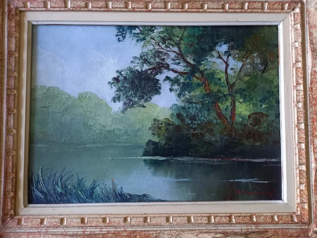 TABLEAU ANCIEN HUILE paysage campagne *étang de verrière* A.abougit (XX) EUR 220,00 - PicClick FR