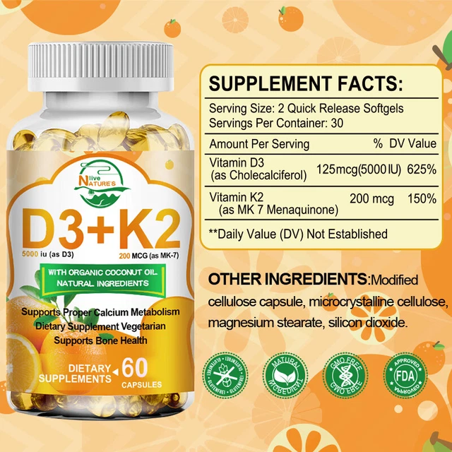 VITAMIN K2 (MK7) with D3 5000 IU Supplement, BioPerine Capsules, Immune ...