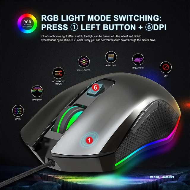 6400 DPI ERGONOMIC Optical Wired Gaming Mouse 6 Programmable Buttons ...