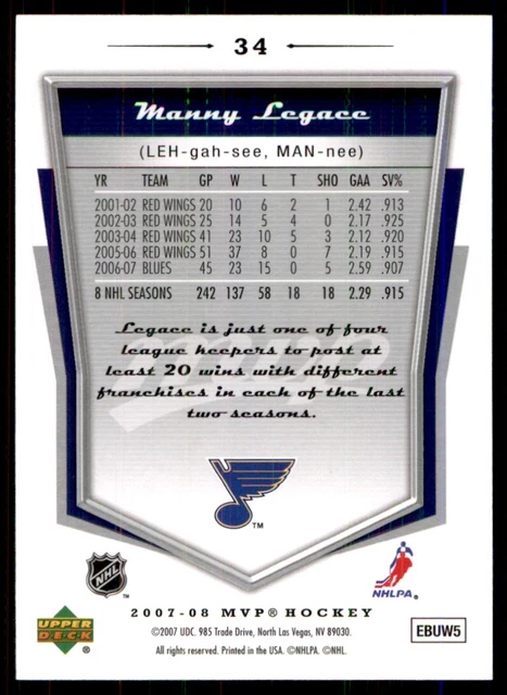 2007-08 UPPER DECK MVP Manny Legace St. Louis Blues #34 $1.35 - PicClick CA