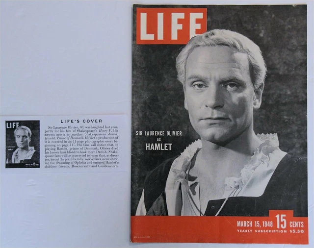 ORIGINAL OLD 1948 Life Magazine Cover Page Actor Laurence Olivier $10. ...