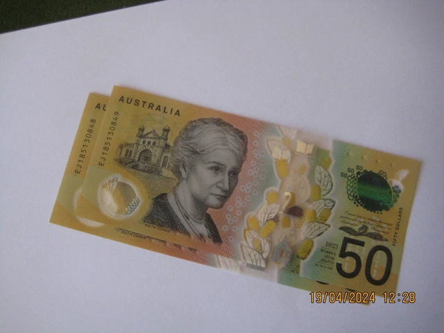 AUSTRALIAN 50 Dollar Polymer Unc Consecutive Numbers Notes (2 ...