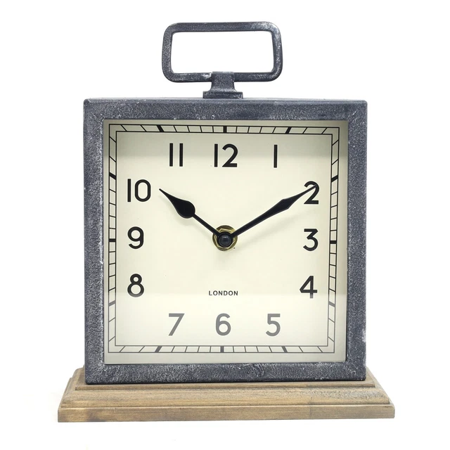 MANTEL CLOCK WOODEN Base Metal Quartz Desk Table Square Industrial ...