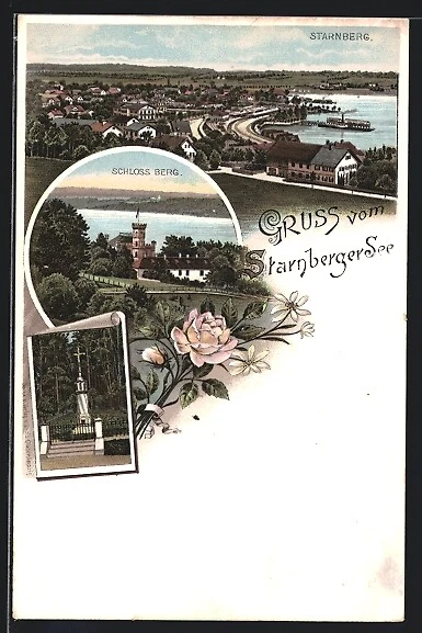 LITHOGRAPHIE STARNBERG, TOTALANSICHT mit Starnberger See, Schloß Berg EUR 10,00 - PicClick DE