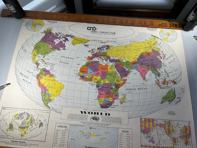 VINTAGE 1978 ARMADILLO Projection of the World Map Haskins Map Co Wall ...