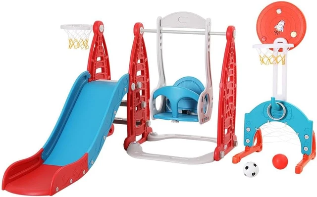 KIDS SLIDE SWING Set Basketball Hoop Rings Football Outdoor Toys 140Cm ...