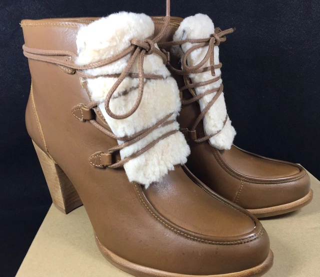 UGG WOMEN S ANALISE Exposed Fur Leather Stacked Heel Booties Chestnut 1013676 76.49 PicClick