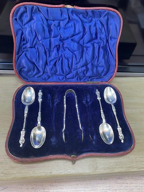 ANTIQUE BOXED HALLMARKED Solid Silver Apostle Spoons & Sugar Tongs ...