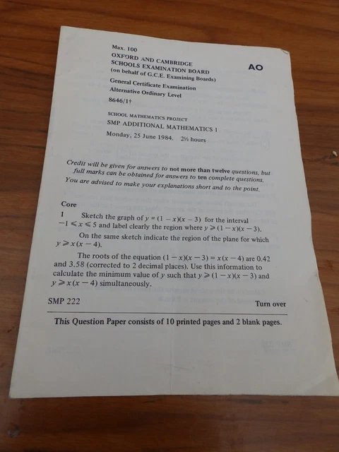 GCE EXAMINATION PAPER School Mathematics Project 25 June 1984 £5.00 ...