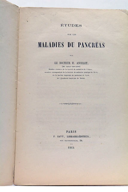 LIVRE ANCIEN MÉDECINE ANCELET Maladies Pancréas Paris 1866 EUR 65,00 ...