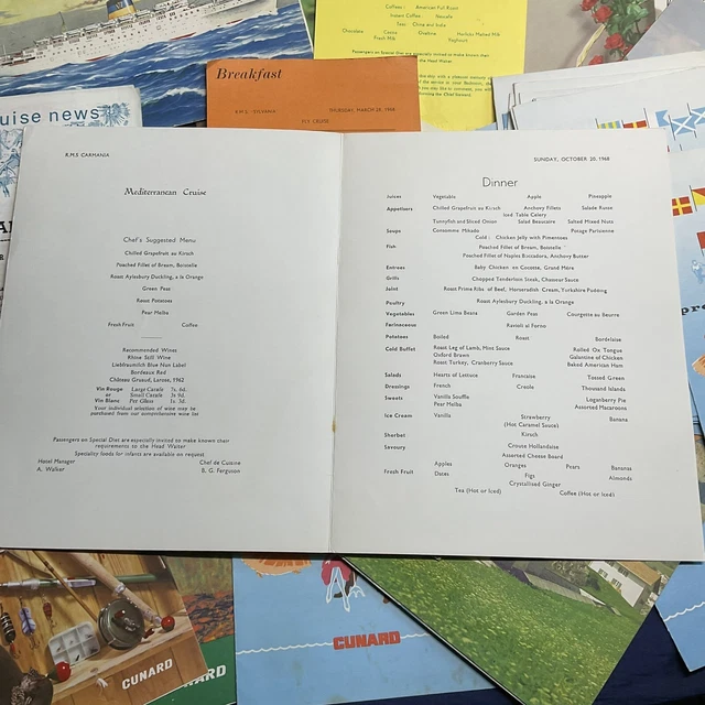 CUNARD CRUISE SHIP Menus 1950s/60s Rare RMS SLYLVANIA CARMANIA Vintage ...