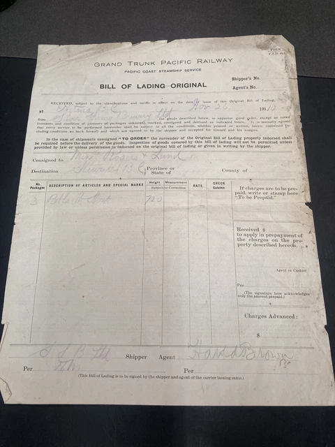 VINTAGE 1910 PAPER Grand Trunk Pacific Railway Steamship Bill Of Lading ...