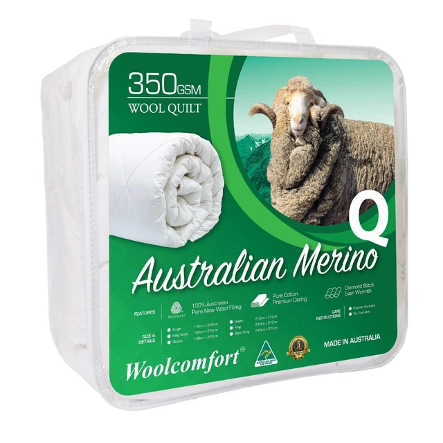 WOOLCOMFORT AUSTRALIAN MADE Merino Wool Quilt 350GSM Queen Size $93.99 ...