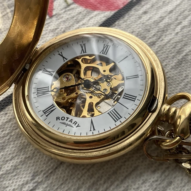 ROTARY POCKET WATCH Half Hunter Mechanical Skeleton Gold Plated 47mm ...