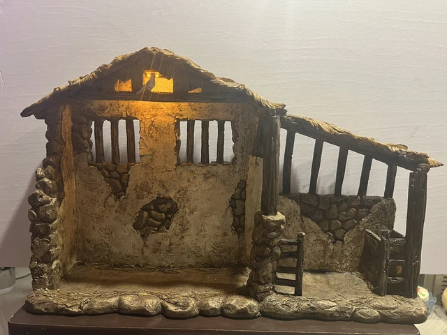 WORKING LIGHTED STABLE Real Life Nativity w Original Box Heavy Three ...