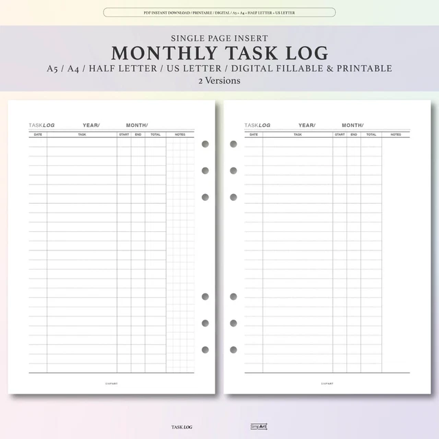 TASK LOG PLANNER Template - Printable A4 A5 PDF Digital Printable ...
