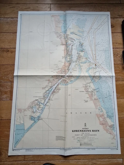 VINTAGE MARITIME CHART Copenhagen Port Of Denmark Amager Nautical ...