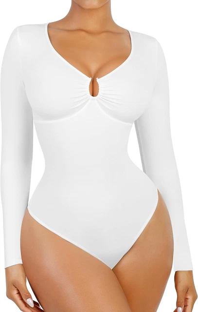 Feelingirl Bodysuit For Women Deep V Neck Long Sleeve Body Suits Tummy