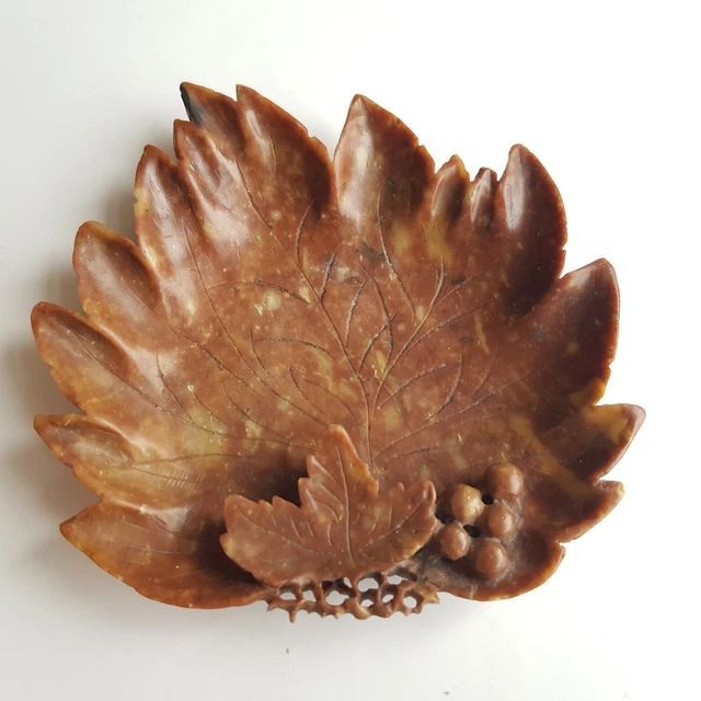 SOAPSTONE CHINESE HAND carved incense dish grape leaf natural stone ...