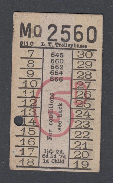 VINTAGE TICKET LONDON Transport Trolleybuses Trolley Bus 1d Route 645 vintage-ticket-london-transport-trolleybuses-trolley-bus-1d-route-645