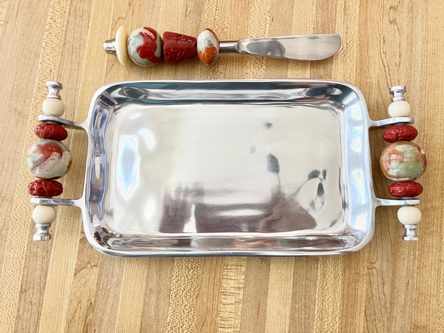VINTAGE SOUTHCOAST CHEESE Tray & Knife Set Beaded Stone Decor Handles £ ...