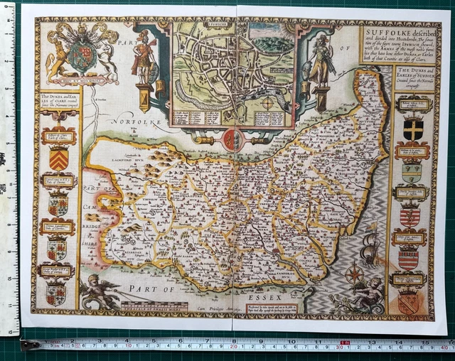 OLD ANTIQUE TUDOR map Suffolk, Ipswich, England Speed 1600's Reprint £5 ...