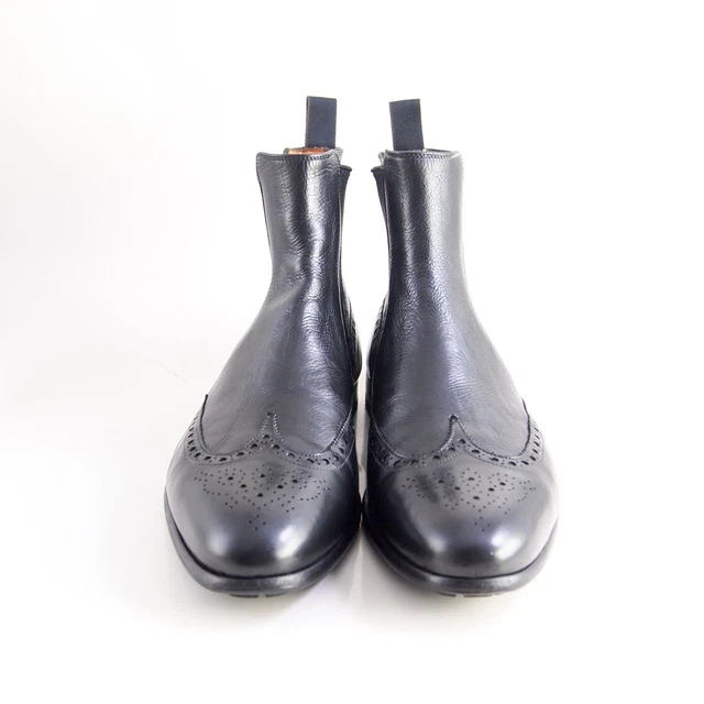 SANTONI CHELSEA BOOTS 43.5 US 10.5 Mens Black Leather Wingtip Medallion ...