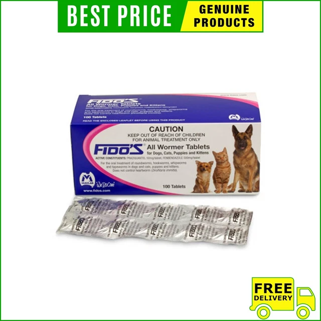 FIDO'S ALL WORMER Tablets For Dogs And Cats 2.5 - 10 Kgs 100 Tablets ...