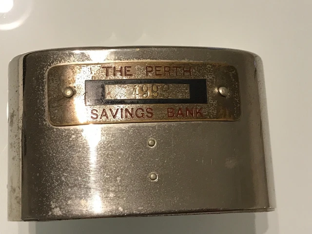THE PERTH SAVINGS BANK oval chrome MONEY BOX Home Safe TSB Trustee RARE ...