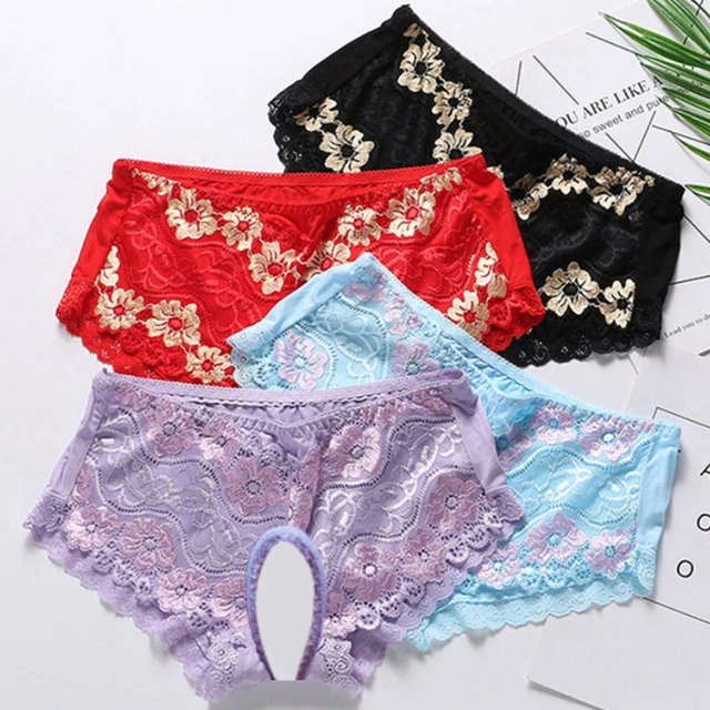 WOMEN SEXY LACE Sheer Briefs Open Crotchless Panties G-string Underwear ...