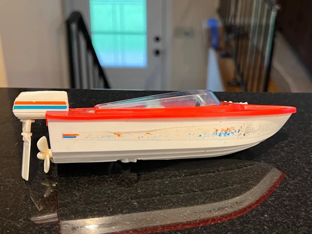 VINTAGE BLUE BOX plastic wind up toy outboard motor boat Hong Kong ...