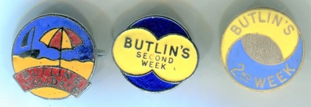 TWO BUTLINS SECOND Week Enamel Badges and a Butlins Holiday Enamel ...