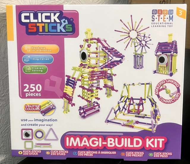 250 CLICK STICKS Imagi-Build Kit Glitter Linking Connectors Building ...