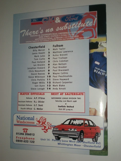 CHESTERFIELD V FULHAM, 7th MARCH 1998, NO WRITING, MINT CONDITION. £3. ...